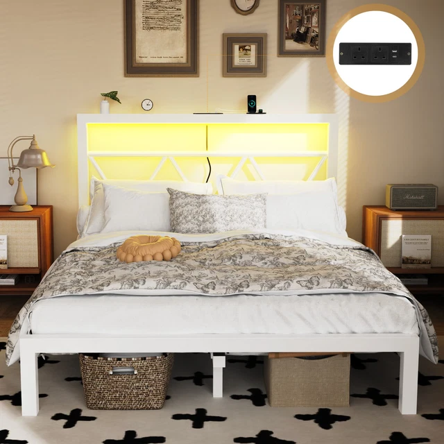 4FT6 HEAVY DUTY Metal Bed Frames with LED Light Headboard & Charging ...