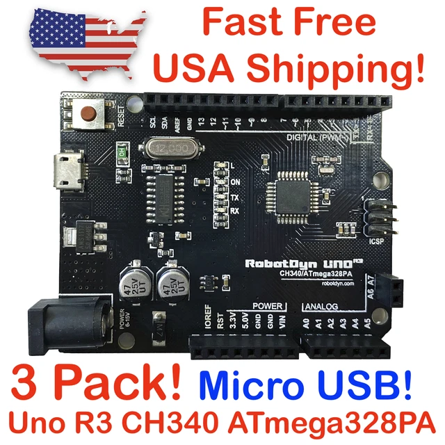 ARDUINO UNO R3 Compatible, ATmega 328P CH340 Micro USB Board 3 Pack ...