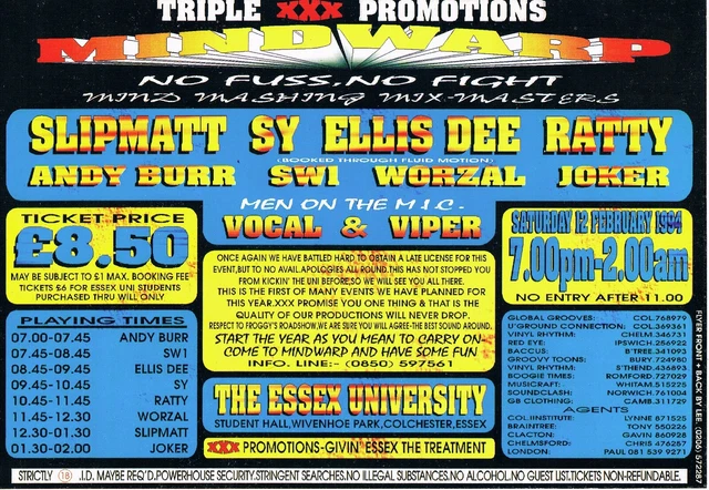 MIND WARP RAVE Flyer Flyers 12/2/94 A5 Essex University Colchester Art ...