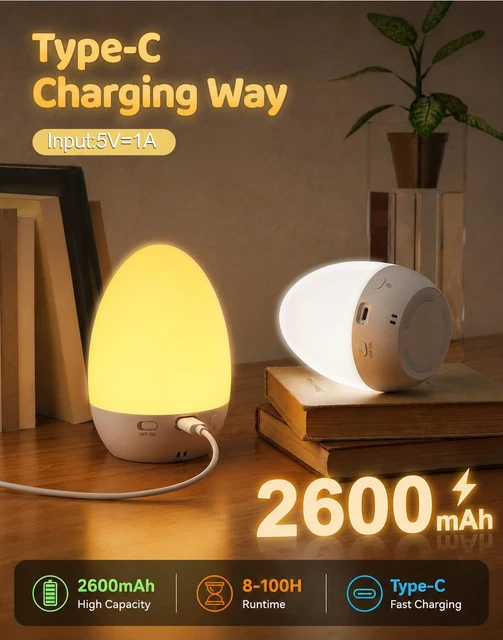 EGG LIGHT BABY Night Light 2600mAh Rechargeable Bedside Lamp with 3 ...