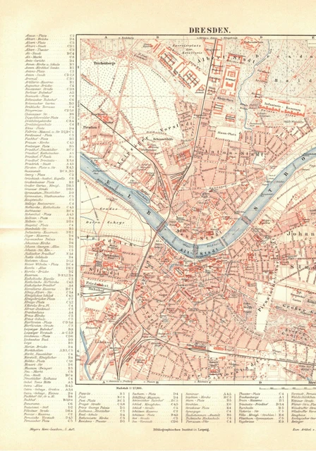 DRESDA, ANTICA MAPPA storica, mappa, incisione, litografia del 1900 ...