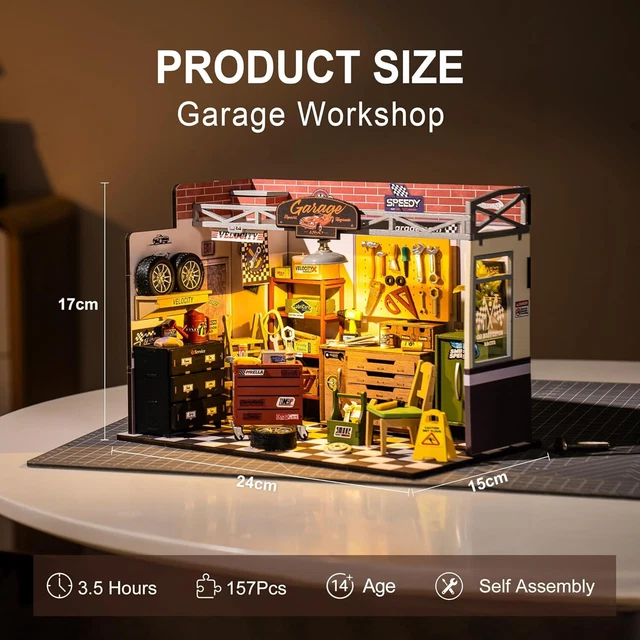 MINIATURE GARAGE WORKSHOP Kit with Light 3D Wooden Dollhouse Model ...