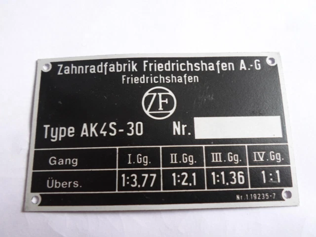 TYPENSCHILD ZF SCHILD Getriebe AKS-15 Oldtimer Benz 170 hanomag ...