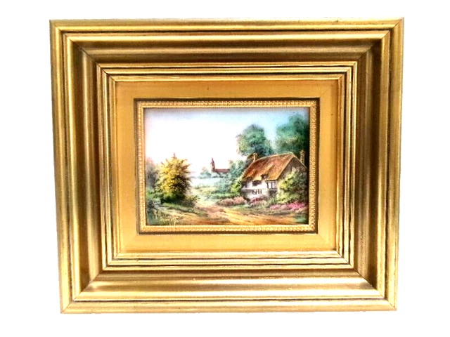 TABLEAU EMAUX DE Limoges signé R. Restoueix (M.O.F.) " Hameau ...