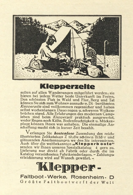 KLEPPER FALTBOOT WERKE Rosenheim Orig. Reklame 1930 Klepperzelte Zelt ...