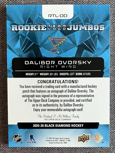 2025-26 BLACK DIAMOND Dalibor Dvorsky Rookie Team Logo Jumbos Autograph ...
