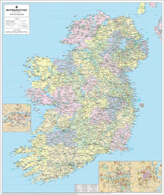 LAMINATED WALL MAP Of Ireland A & B Roads Motorways Towns & City - 84cm ...