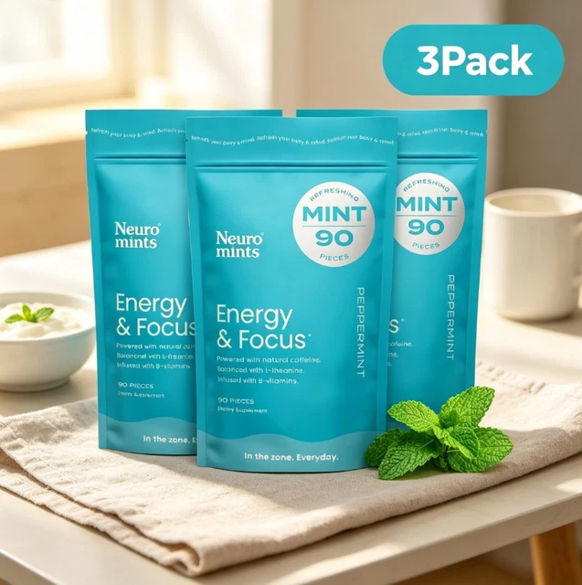 3PACK NEURO GUM Energy Mints with Caffeine L-Theanine Vit B12 B6 - 90 ...