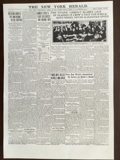 TITANIC DISASTER 24TH April 1912 Newspaper 1 Page Poster, The New York ...