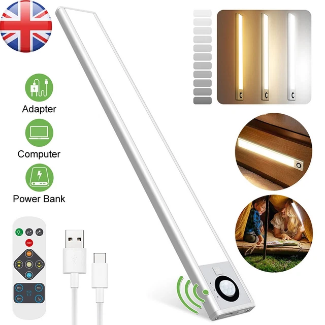 WIRELESS LED PIR Motion Sensor Light Strips Cabinet Closet Lamp USB ...