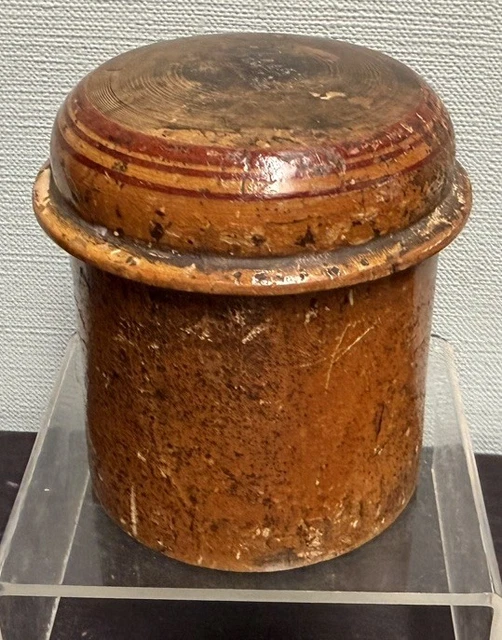 ANTIQUE VINTAGE 19TH Century Turned Treen Wood Barrel Pot Storage & Lid ...