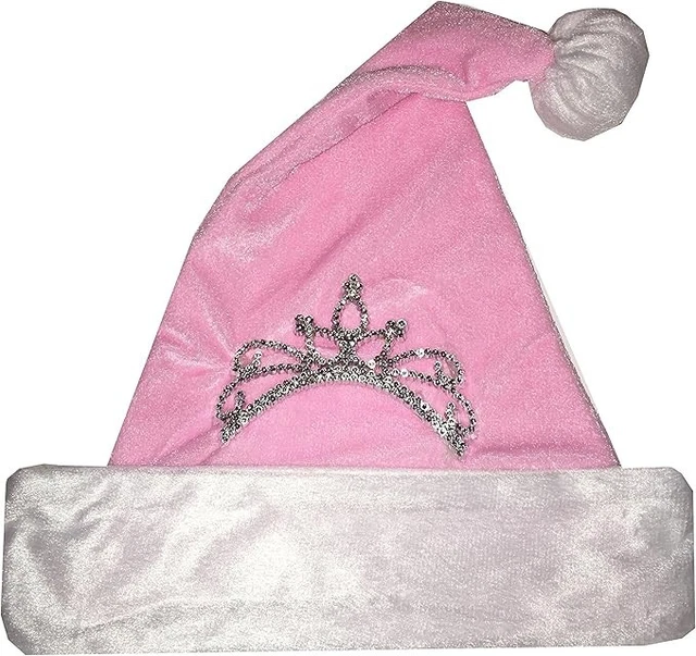 PINK VELVET PRINCESS Crown Tiara Santa Hat Plush Cuff Pom Christmas Hat ...