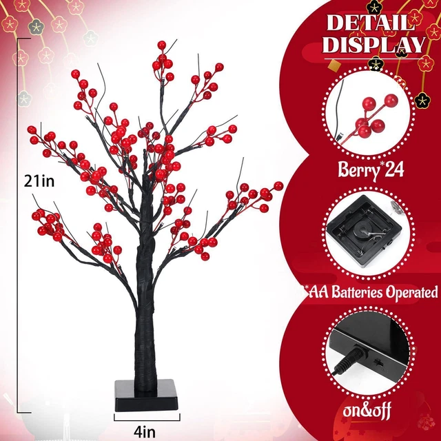 LIGHT UP ARTIFICIAL Red Berry Tree Indoor Table Centerpiece Mini Birch ...