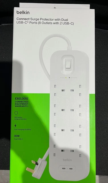 BELKIN 8-OUTLET SURGE Protector Power Strip Wall-Mountable 8 AC Outlets ...