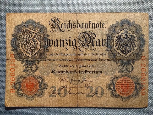 OLD GERMAN BANKNOTE Money Bill Twenty 20 Mark Berlin 8. Juni 1907 ...
