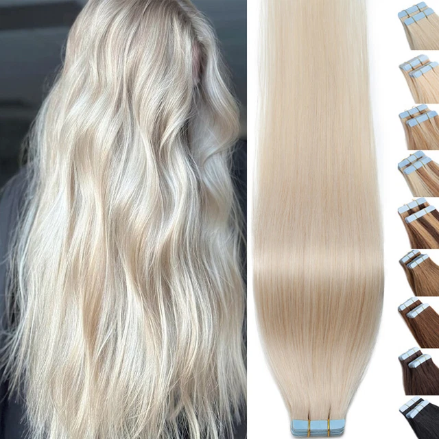 AU TAPE IN Human Real Hair Extensions Skin Weft BLOND THICK Full Head ...
