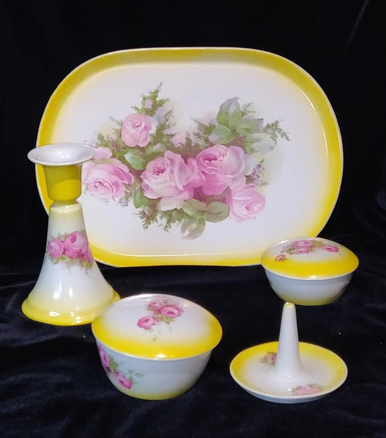 ANTIQUE VICTORIAN STYLE Porcelain Dressing Table Set ,Pink Roses ...