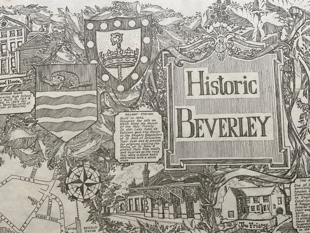 VINTAGE HISTORIC BEVERLEY Pictorial Map with Famous Landmarks East ...