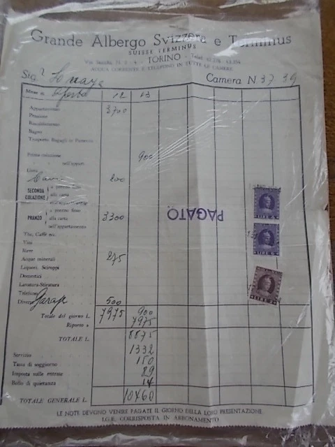 1950 ITALIAN RECEIPT Ephemera Bill Hotel Grande Albergo Svizzera Torino ...