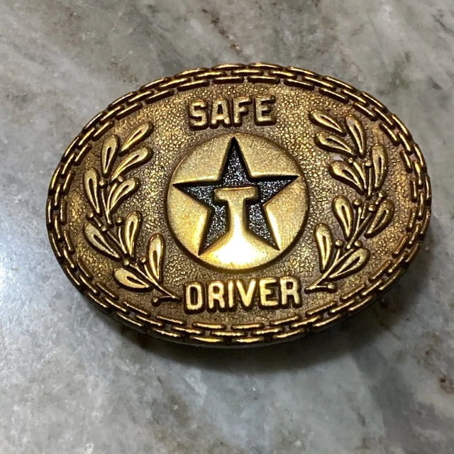 VINTAGE 1980S TEXACO STAR LOGO SAFE DRIVER OILFIELD SOLID BRASS BUCKLE ...