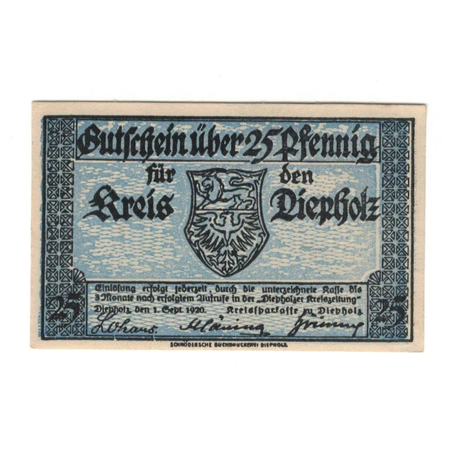 [#326904] BILJET, DUITSLAND, Diepholz Kreis, 25 Pfennig, Blason 5, 1920 ...