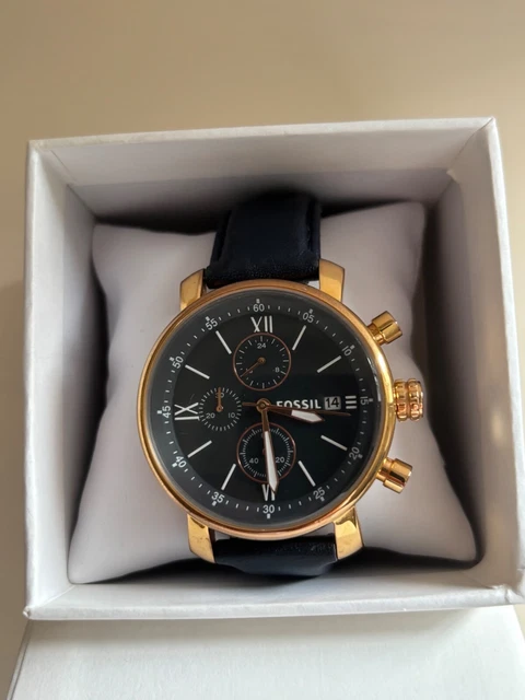 FOSSIL HERREN ARMBAND Uhr Chronograph Leder BQ1704 Roségold mit blauem ...