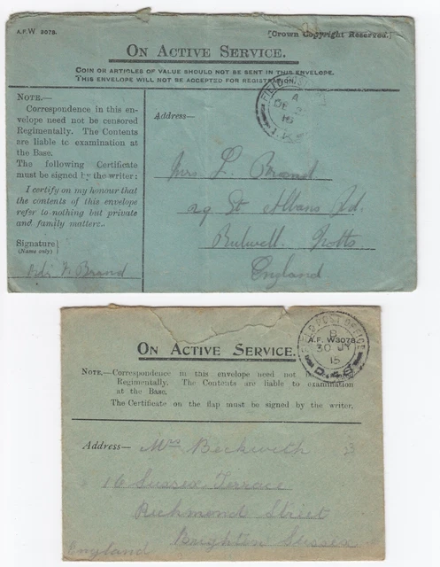 WW1 TWO BRITISH Army ACTIVE SERVICE Covers Field Post Office D48 & 1K ...