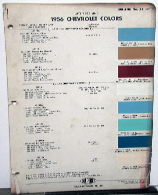 LATE 1955 & 1956 Chevrolet Paint Chips By DuPont Color Bulletin No 28 ...