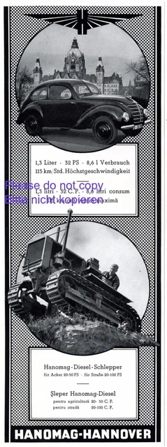 HANOMAG AUTO & Schlepper Reklame 1939 Diesel Traktor 1,3 Lieter Werbung ...