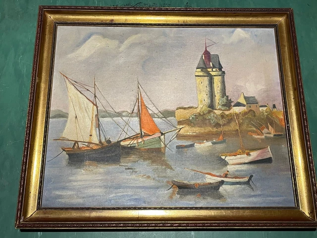 TABLEAU ANCIEN HST Naval Bateau Non Signé 46/38 Cm Cadre Doré À L’or ...