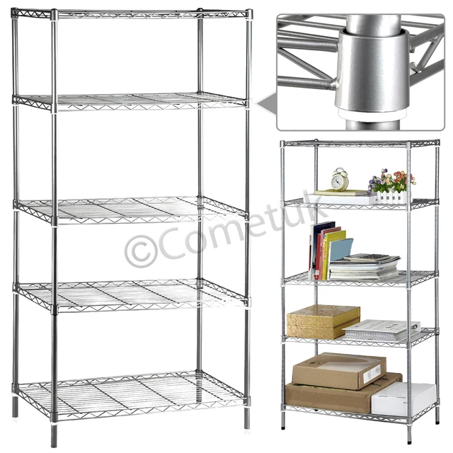 5 TIER SILVER Metal Storage Rack Shelving Wire Shelf Kitchen Office ...