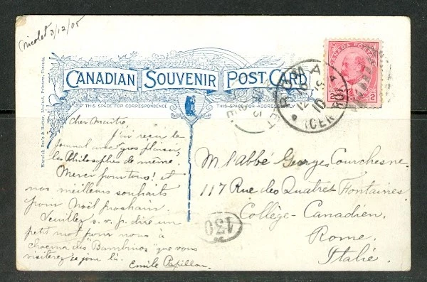 CANADA NICOLET QUE 1910 Seminary Patriotic Ppc #90 Rated To Italy $19. ...