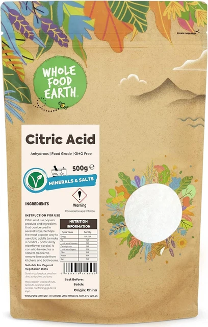 WHOLE FOOD EARTH® Citric Acid, Anhydrous, Food Grade, 500 g (Pack of 1 ...