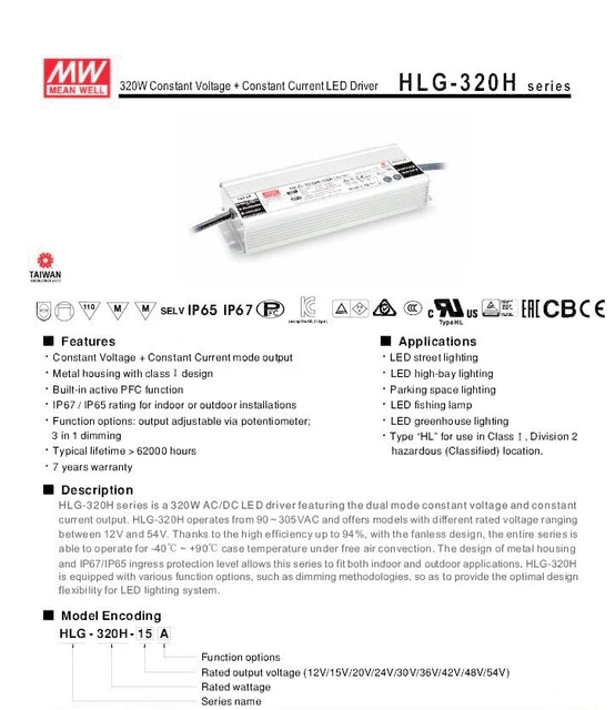 HLG-320H-54B DRIVER LED 0-10V Dimmable Constant Voltage LED Drivers ...