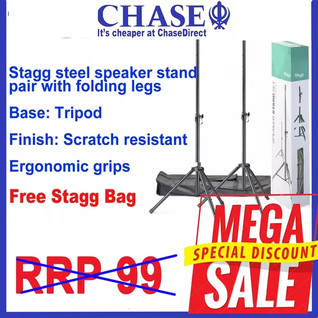 STAGG SPEAKER STAND x 2 - Heavy Duty DJ Disco Tripod Stands + Carry Bag ...