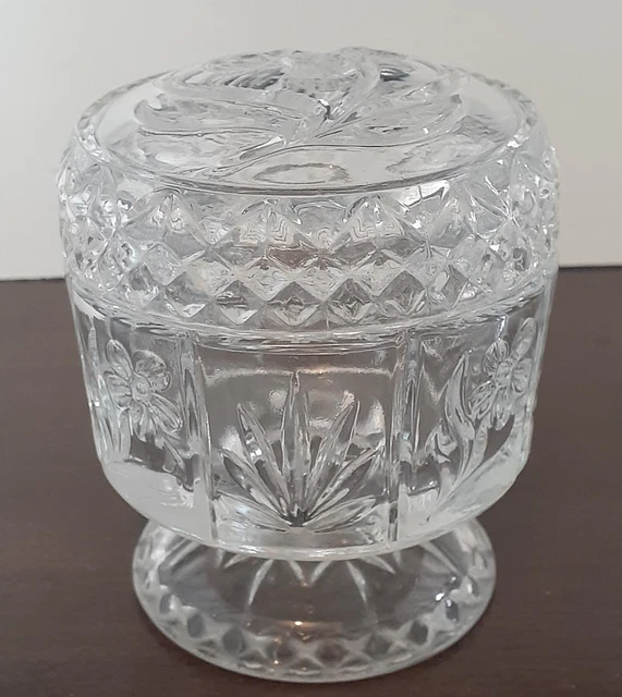 VINTAGE AVON PRESSED glass floral pedestal trinket box powder candy jar ...