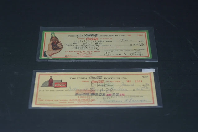 2 PIQUA OHIO Coca Cola Abfüllgesellschaft stornierter Scheck 1941, 1956 ...