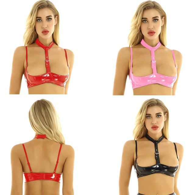 Damen Wetlook Leder Hebe Bh Offene Brust Büstenhebe Neckholder Bh