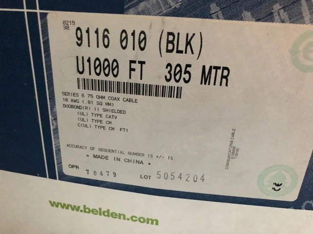 NEW 1000' FEET BELDEN RG6 18 AWG CATV COAXIAL PVC Cable 9116 010U1000 ...