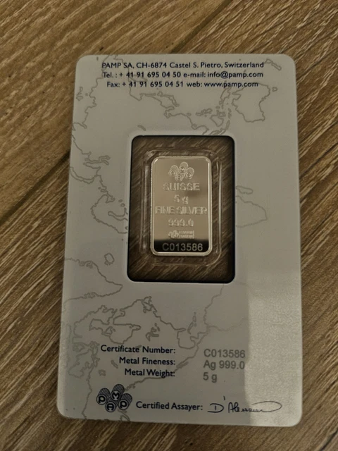 PAMP SUISSE LADY Fortuna 5g Silver Bar 999.0 Fine Silver in Assay Card ...