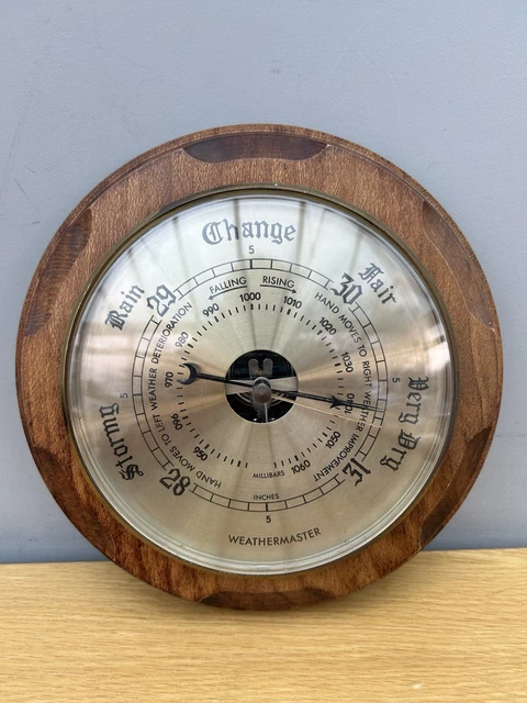 VINTAGE WEATHERMASTER SOLID Wood Round Wall Aneroid Barometer 21.5cm ...