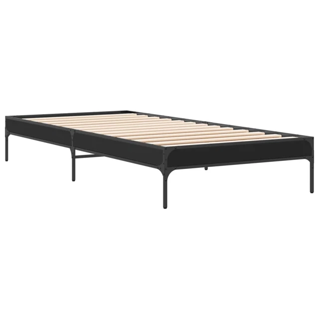 BED FRAME BLACK 90x200cm Engineered Wood & Metal Plywood Slats ...