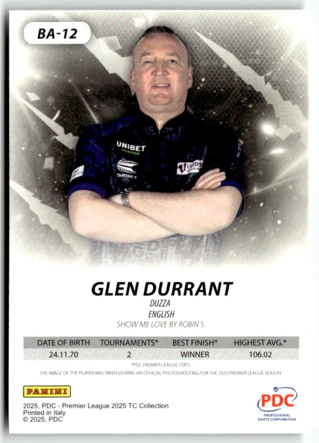 PANINI 2025 PDC World Championship Darts N º BA-12 Glen Durrant EUR 1 ...