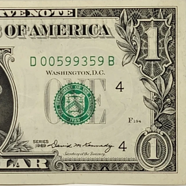 OLD NOTE 1969 Series One Dollar Bill D00599359B DC Two Pairs 0s 5s and ...