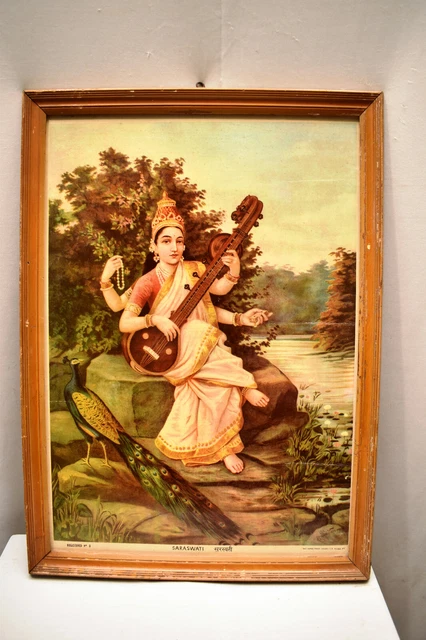 VINTAGE RAJA RAVI Varma Lithograph Sarasvati Oleograph Ravi Varma Press ...