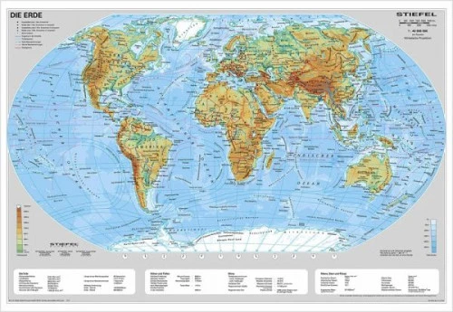 STIEFEL WANDKARTE KLEINFORMAT Die Erde, physisch, ohne Metallstäbe ...