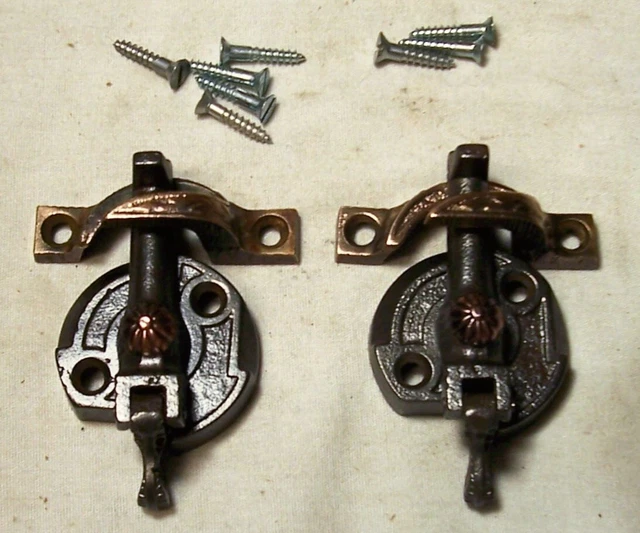 ANTIQUE WINDOW LOCK Pair Cast Iron Brass Sash Vtg Date 1878-79 Hardware ...