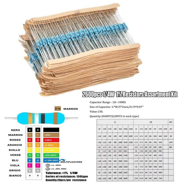 2600PCS 130 VALUES Metal Film Resistors Assorted Pack Kit 1-10M 1/4W 0 ...