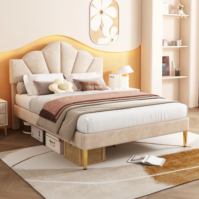 VELVET UPHOLSTERED DOUBLE Bed Shell Design Golden Legs Beige UK £250.99 ...