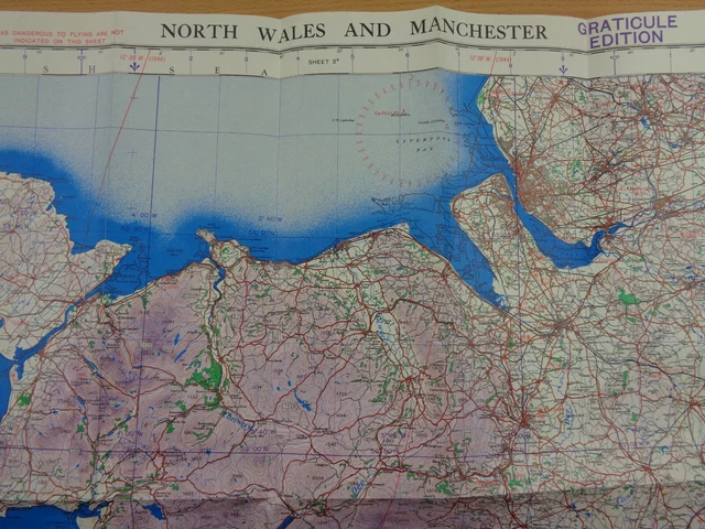 WW2 (1944) RAF "AIR SHEET" map "NORTH WALES AND MANCHESTER" - GRATICULE ...